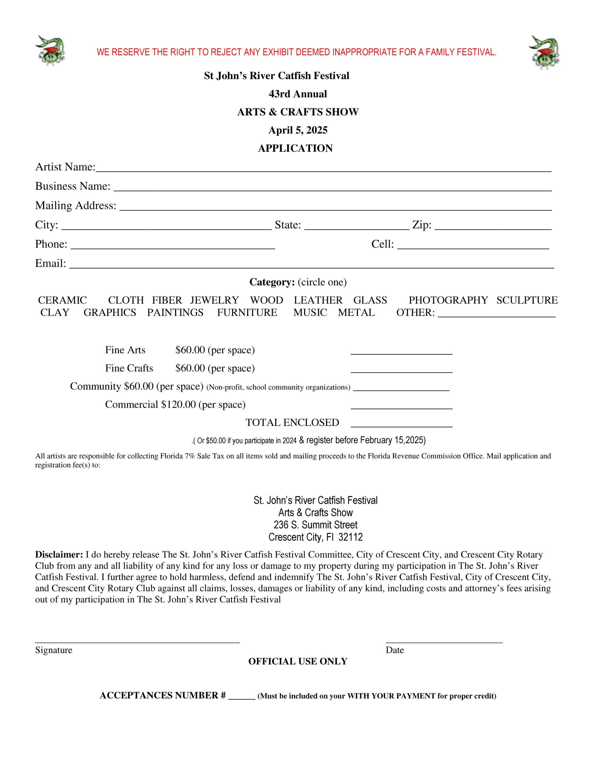 Art & Crafts Application - St. Johns Catfish Festival Crescent City, Florida